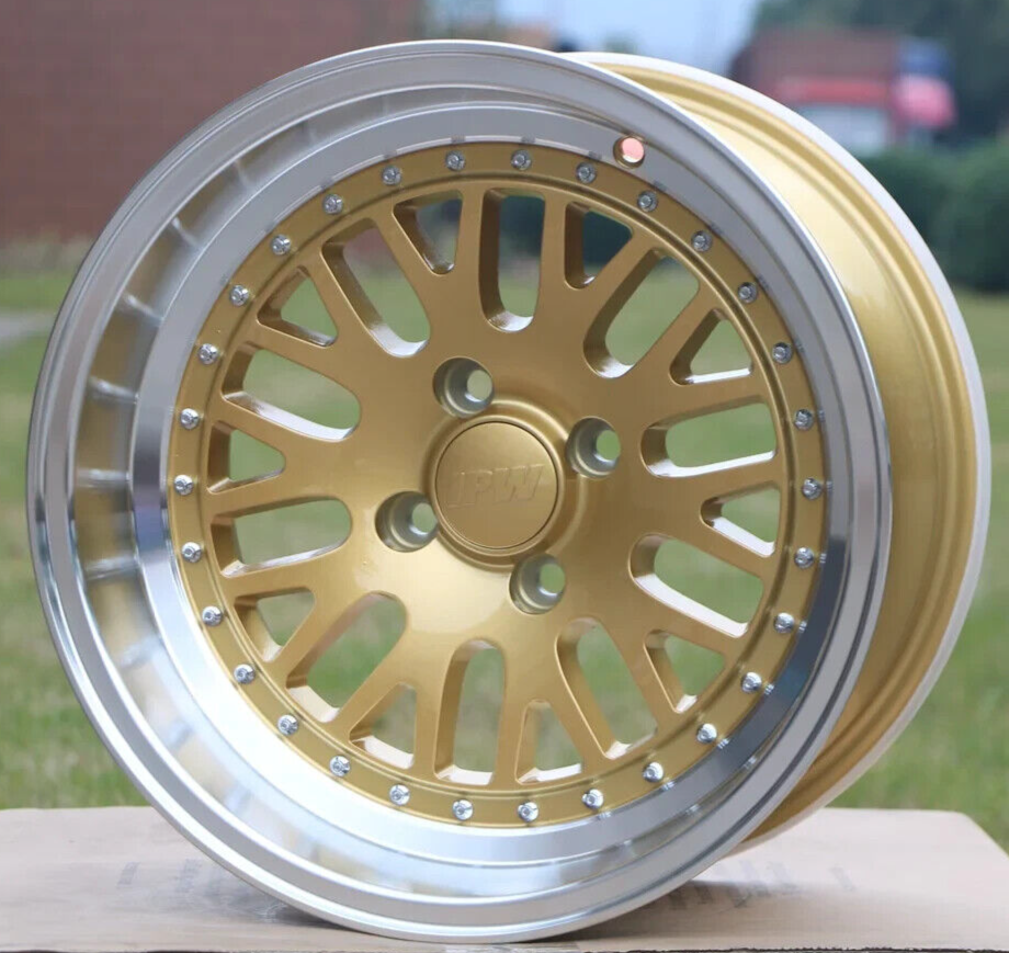 15" Gold Wheels LM20 Style 15x8 4x100 +0 CB73.1 Aggressive Fit Rims Se ...