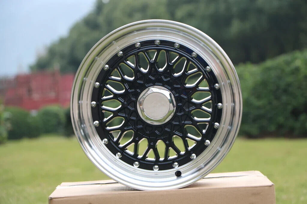 15" Wheels RS Style 15x7 4x100 / 4x114.3 +20 Black Machined Lip Mesh R ...